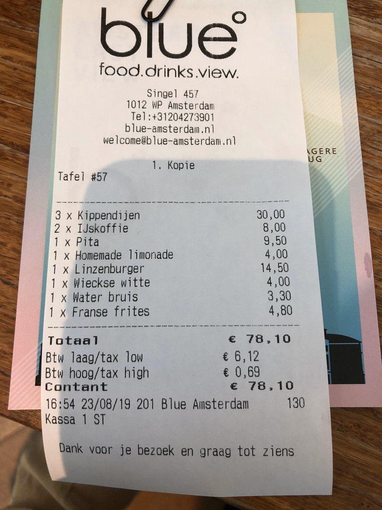 Menu at Blue Amsterdam, Amsterdam