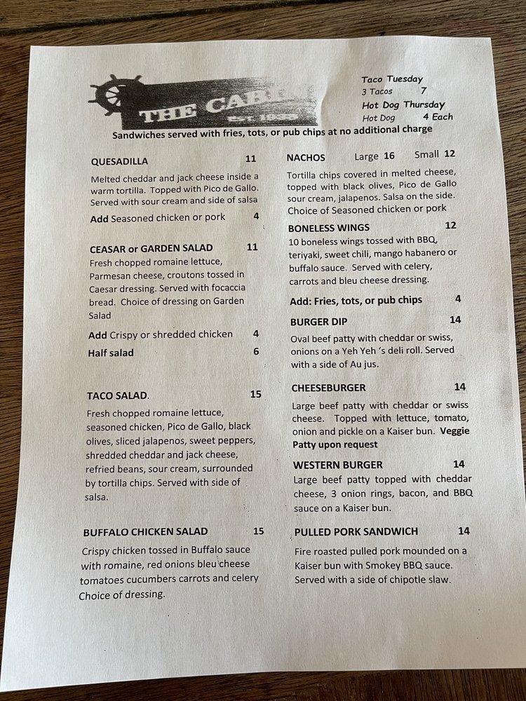 Menu at Cabin Tavern pub & bar, Shoreline