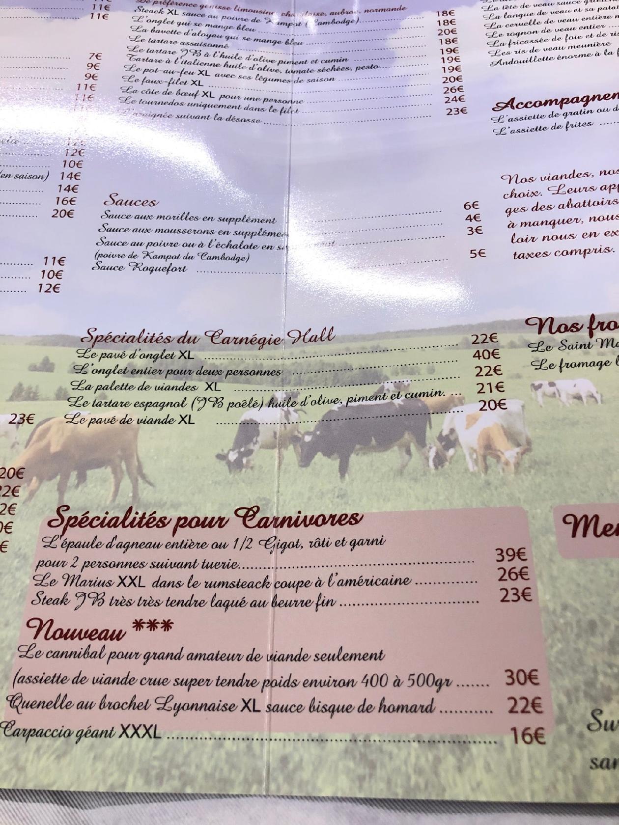 Menu at Carnegie Hall steakhouse, Lyon, 253 Rue Marcel Mérieux