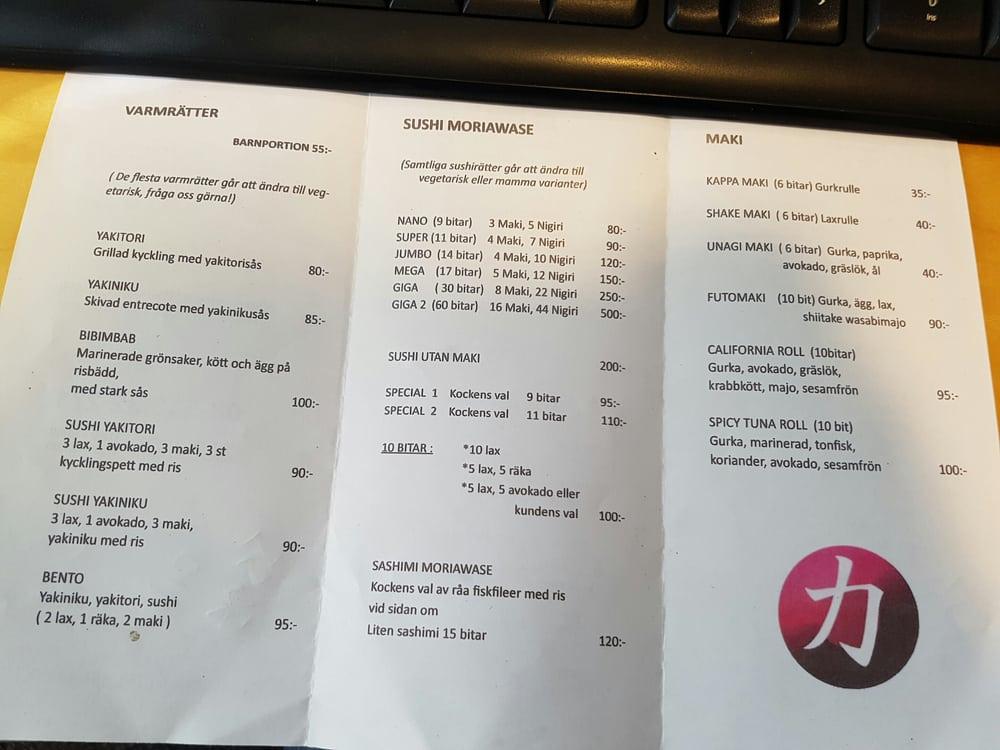 Menu at Chikara Sushi restaurant, Sollentuna