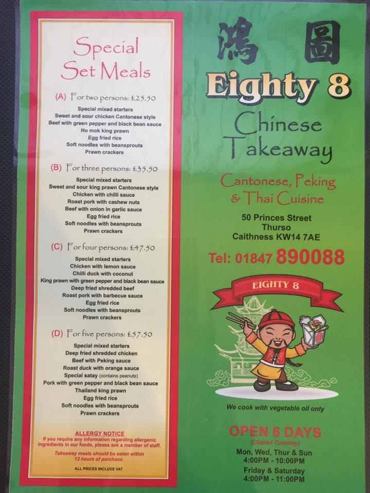 Menu at Eighty Eight fast food, Thurso