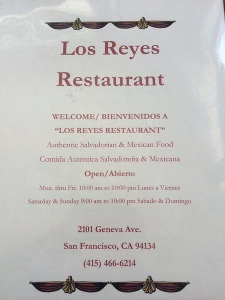 Menu at Los Reyes Restaurant, San Francisco