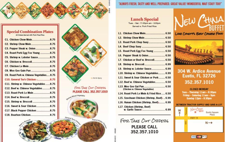 Menu at New China Buffet restaurant, Eustis