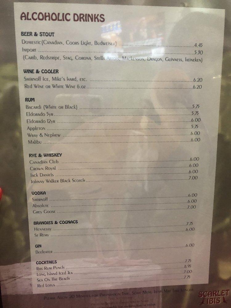 Menu at Scarlet Ibis restaurant, Toronto