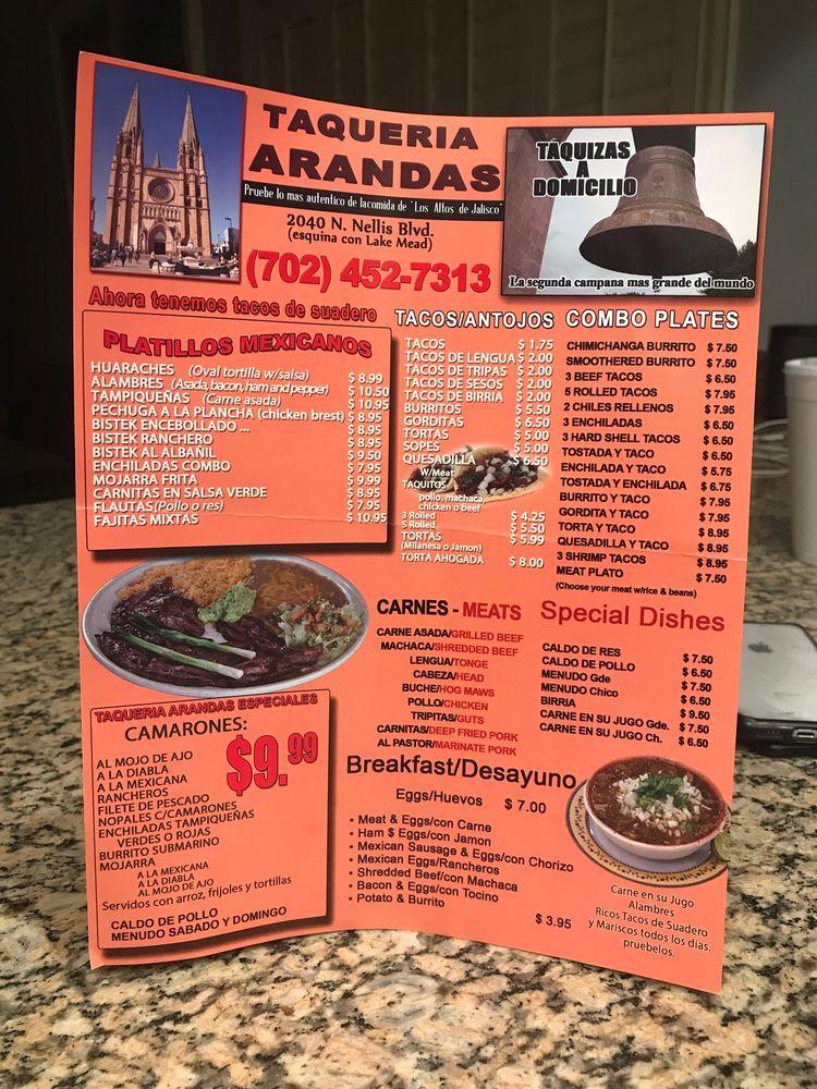 Carta de Taqueria Arandas Mexican Restaurant, Las Vegas
