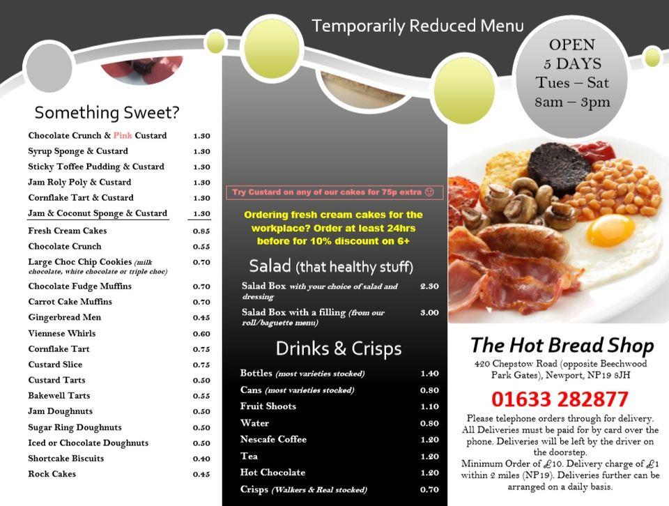 Menu at The Hot Bread Shop fast food, Newport