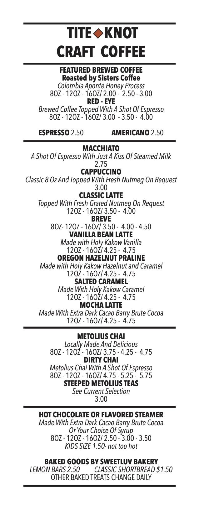 Menu at Tite Knot Craft Coffee, Redmond