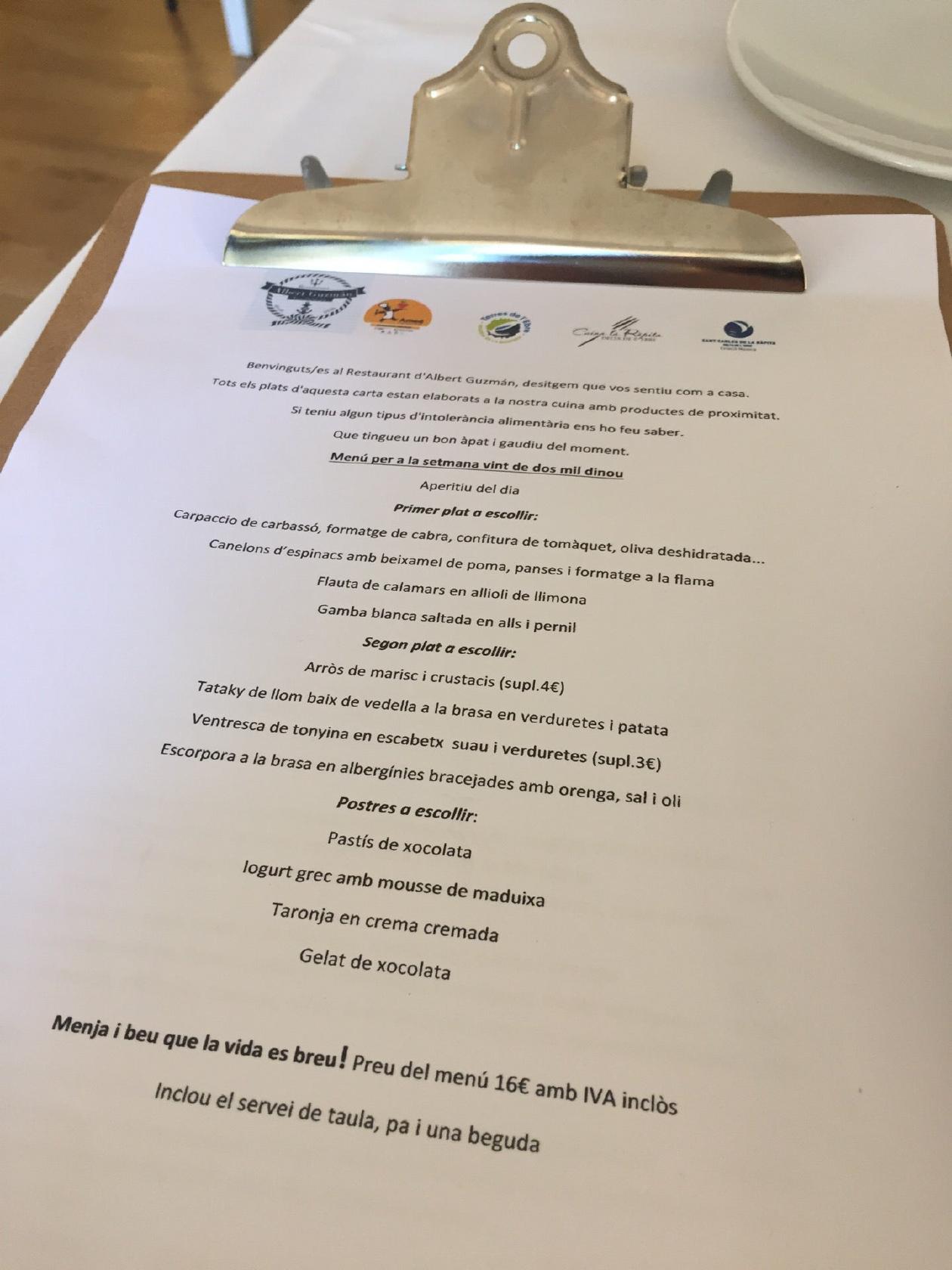 Menu at Albert Guzmán Restaurant, Sant Carles de la Ràpita