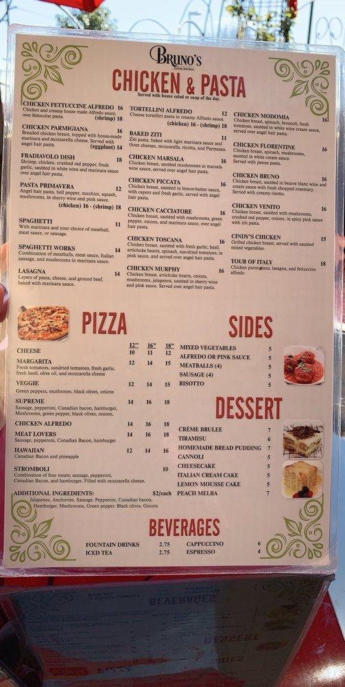Menu at Bruno’s Italian Kitchen pizzeria, Beaumont