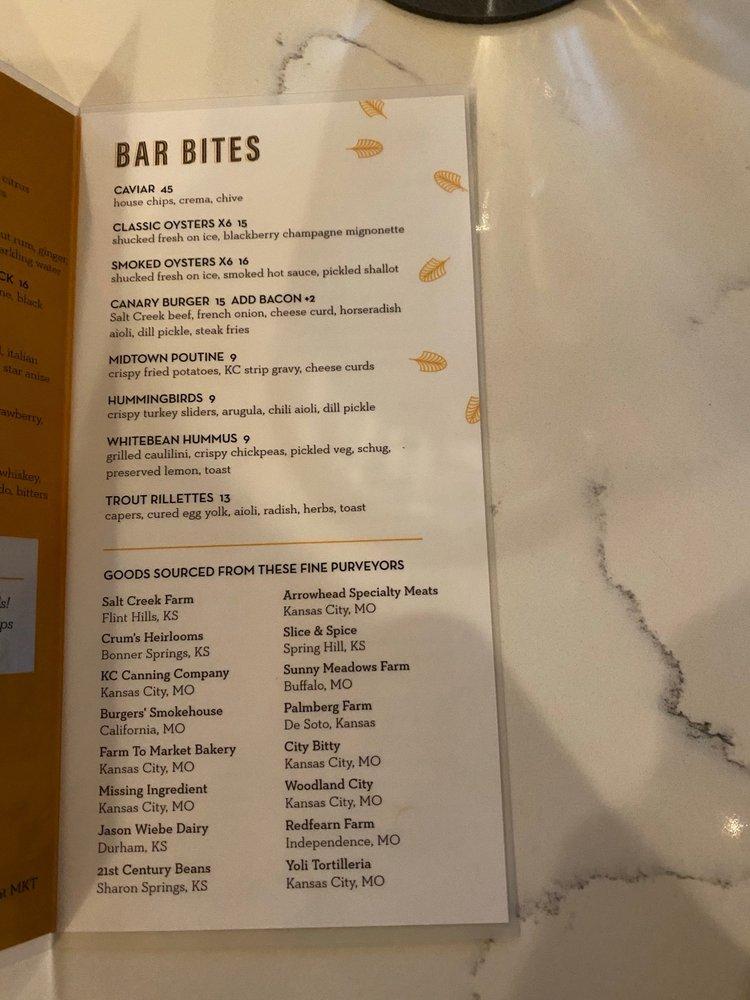 Menu at Canary pub & bar, Kansas City, Main St