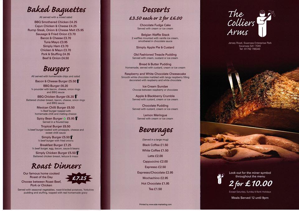 Menu at Colliers Arms pub & bar, Swansea