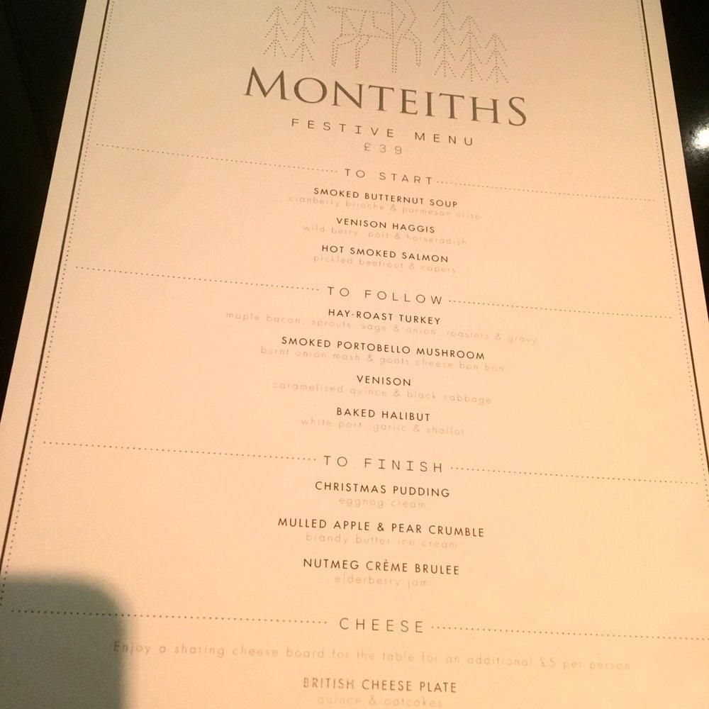 Menu at Monteiths pub & bar, Edinburgh