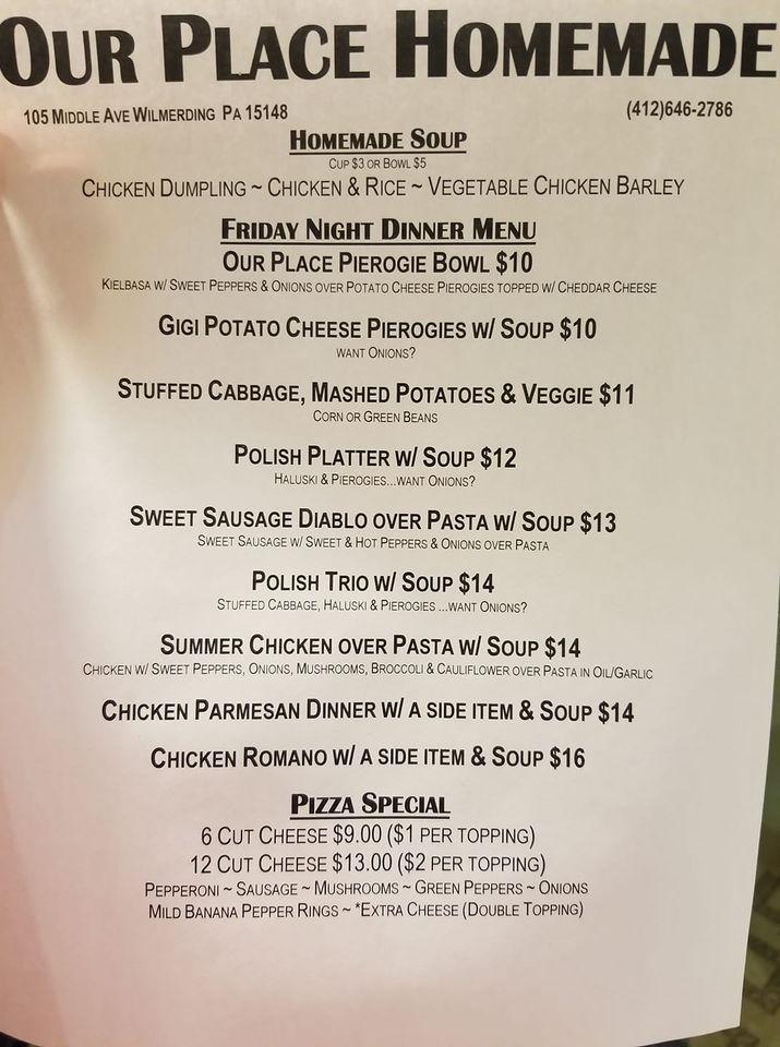 Menu at Our Place Homemade cafe, Wilmerding