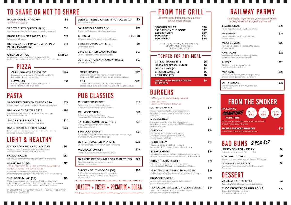 Menu at Railway Hotel Yeppoon restaurant, Yeppoon