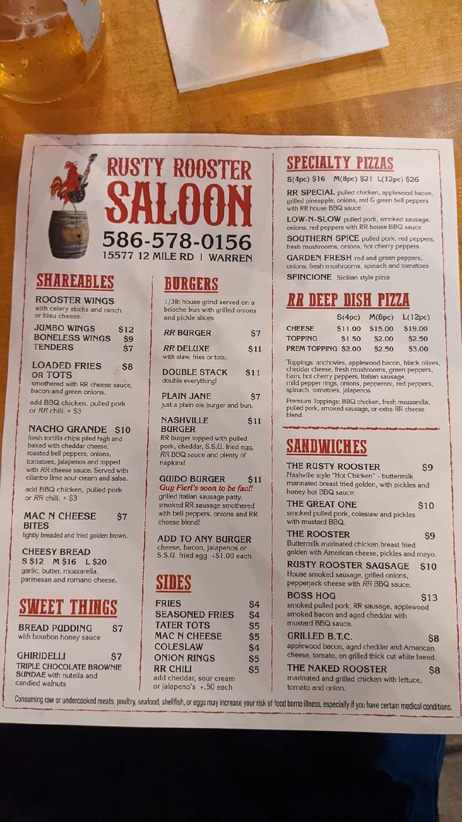 Menu at Rusty Rooster Saloon pub & bar, Warren, Twelve Mile Rd