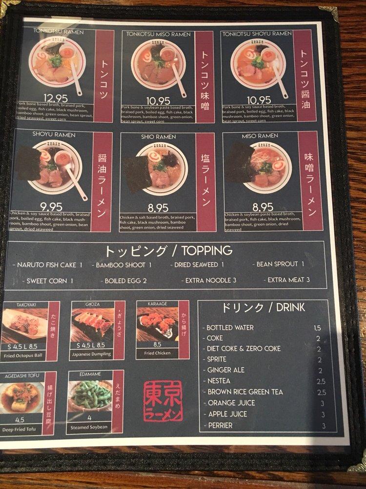 Menu at Tokyo Ramen restaurant, Toronto