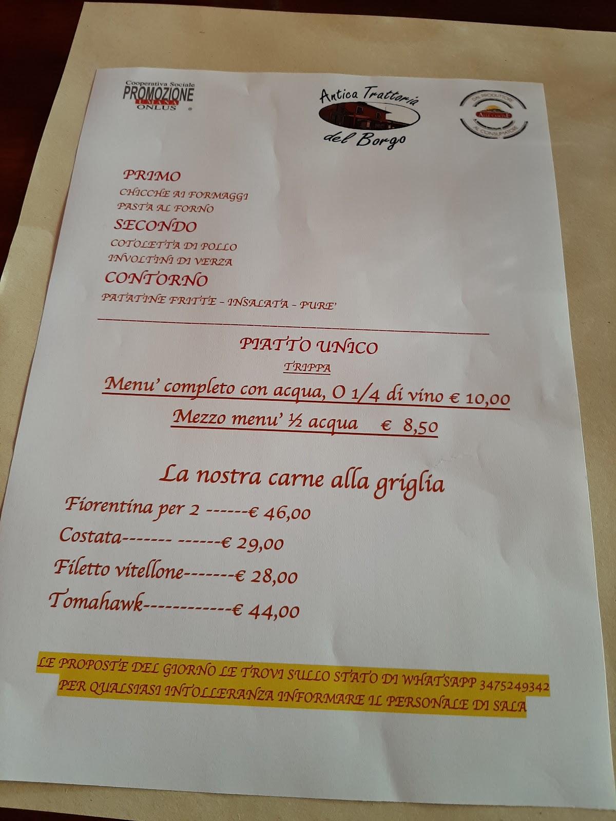 Menu at Antica Trattoria del Borgo restaurant, San Giuliano Milanese