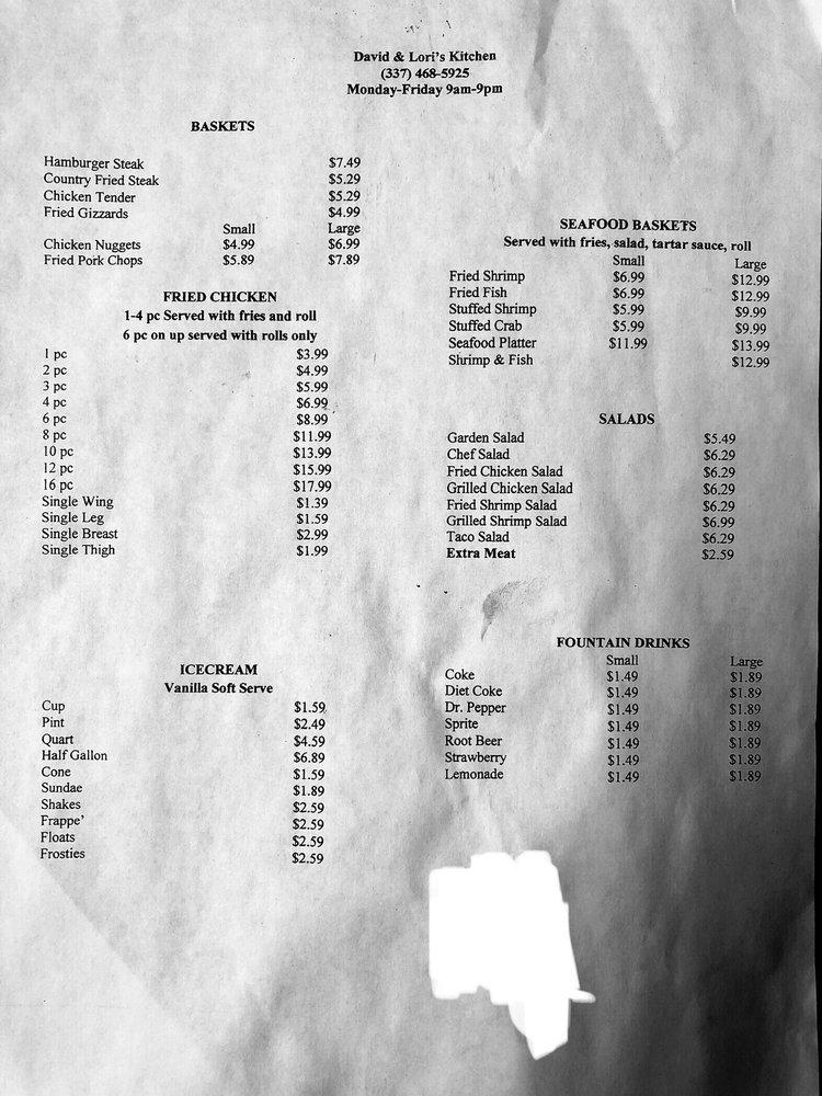 Menu at David And Loris Kitchen restaurant, Mamou, Poinciana St