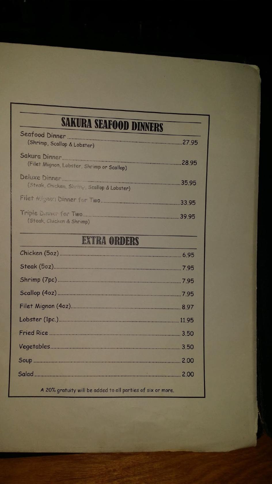 Menu at Sakura Japanese Steak House steakhouse, Aiken