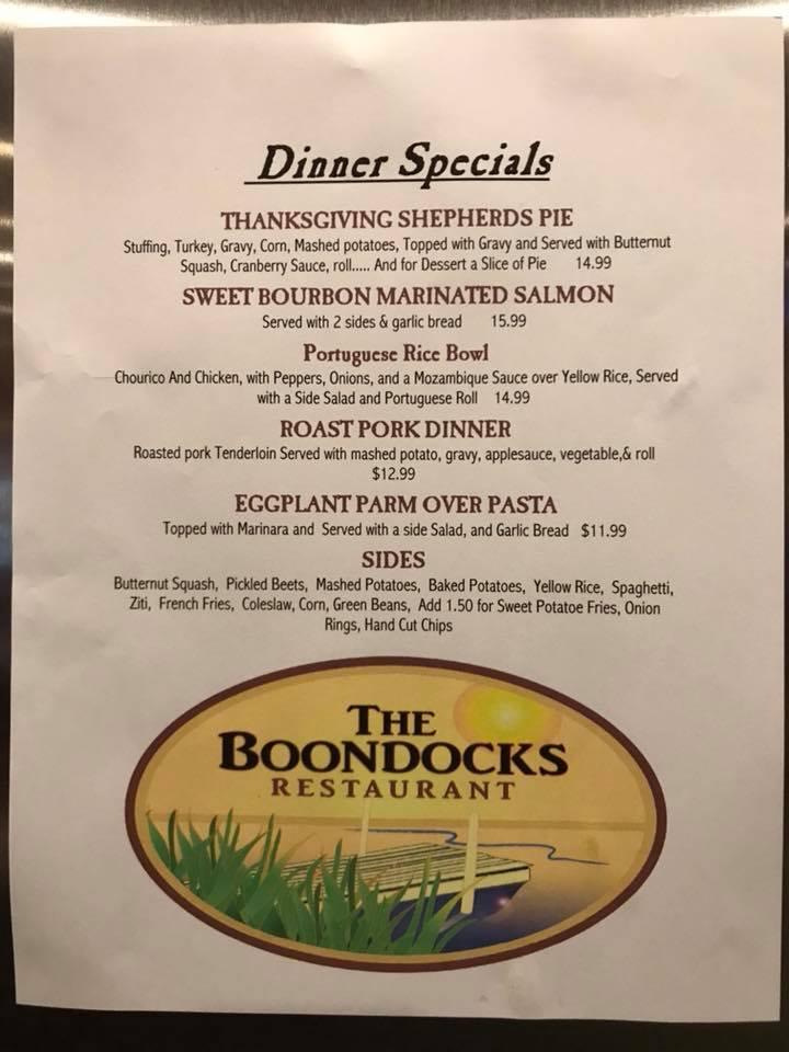 Menu at The Boondocks restaurant, Berkley