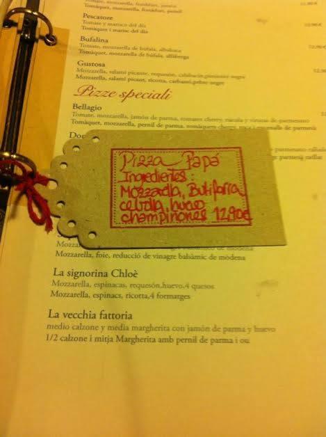 Menu at Bellagio restaurant, Barcelona