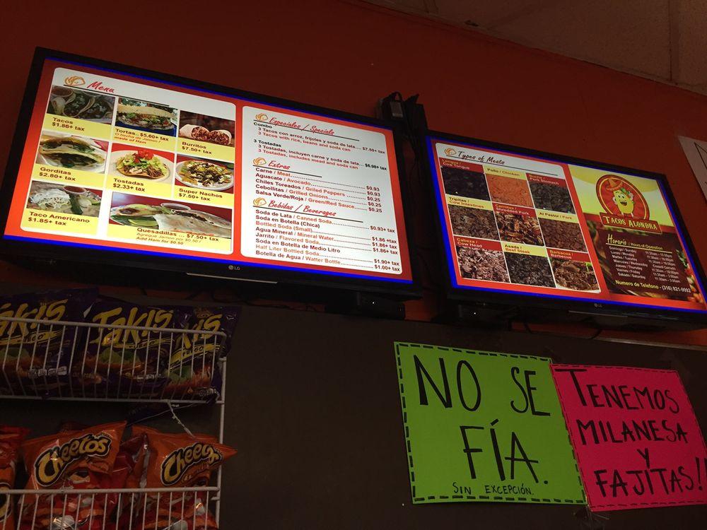 Menu at Alondra's Tacos restaurant, Wichita