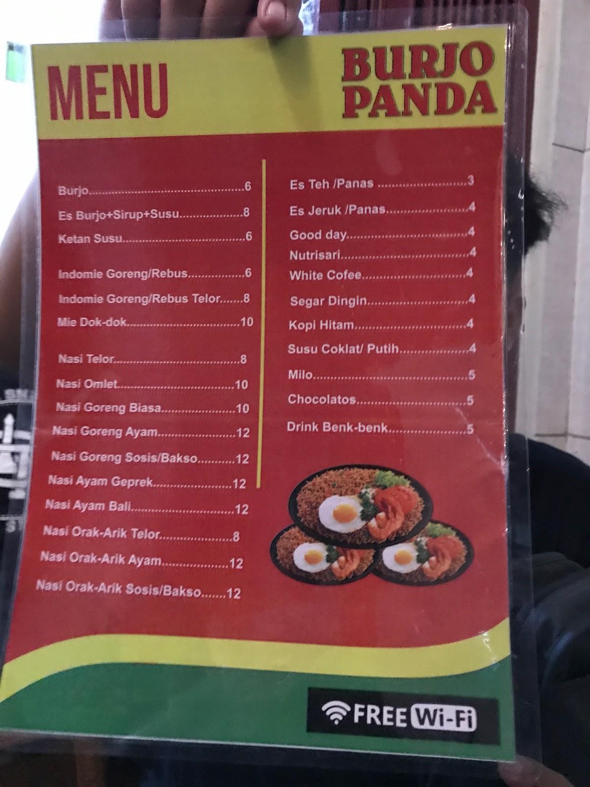 Menu at Burjo Panda restaurant, Semarang