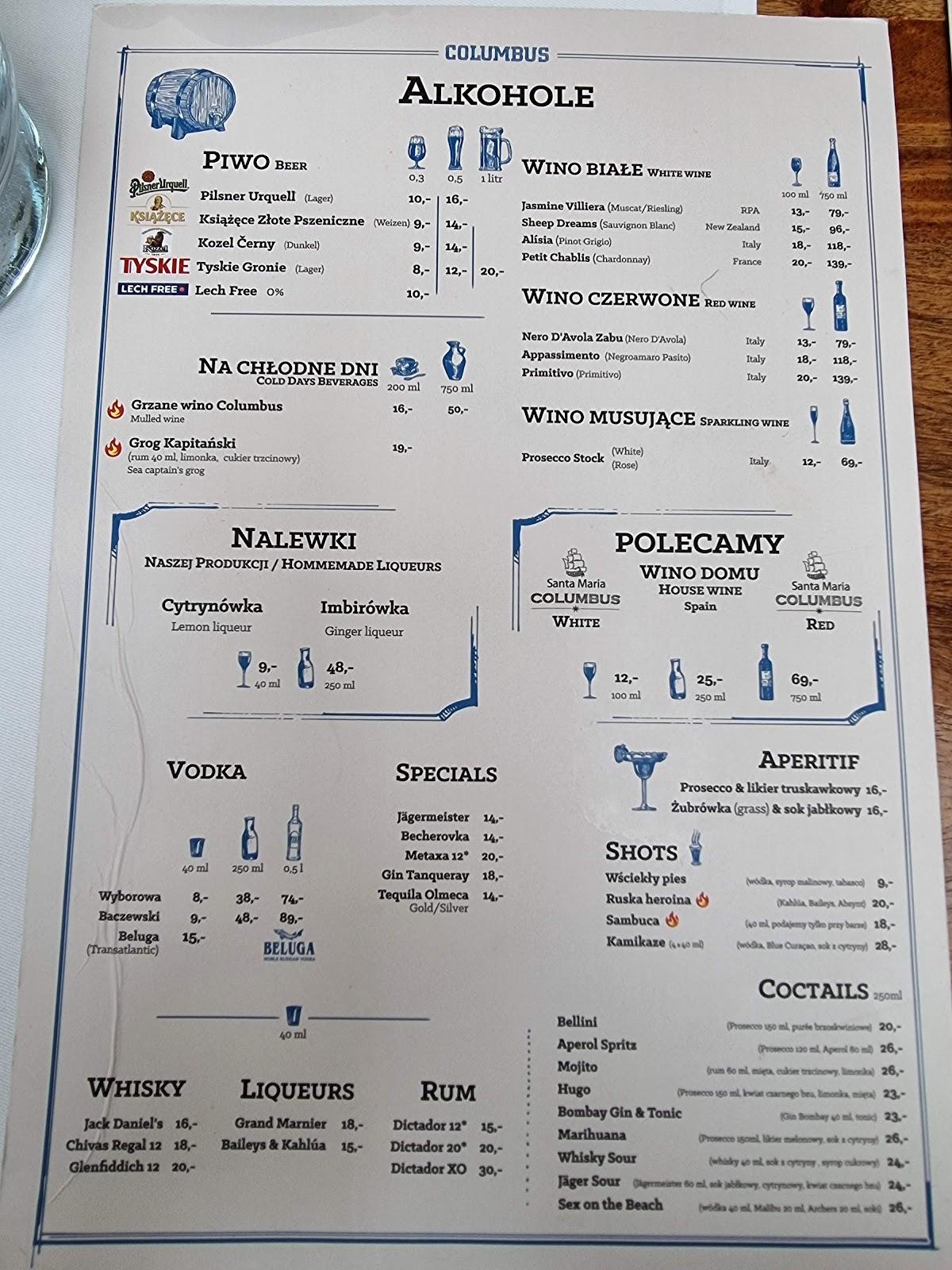 Menu at COLUMBUS Tavern Ustka - Restaurant, Ustka