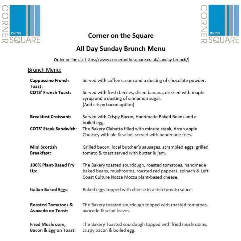 Menu at Corner on the Square cafe, Beauly