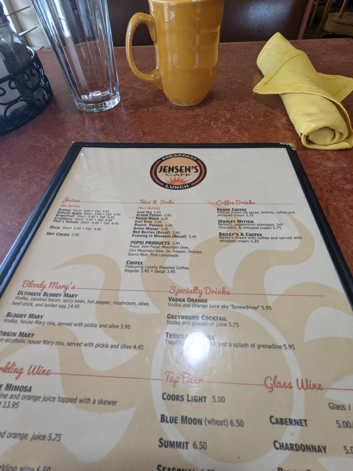 Menu at Jensen's Cafe, Burnsville