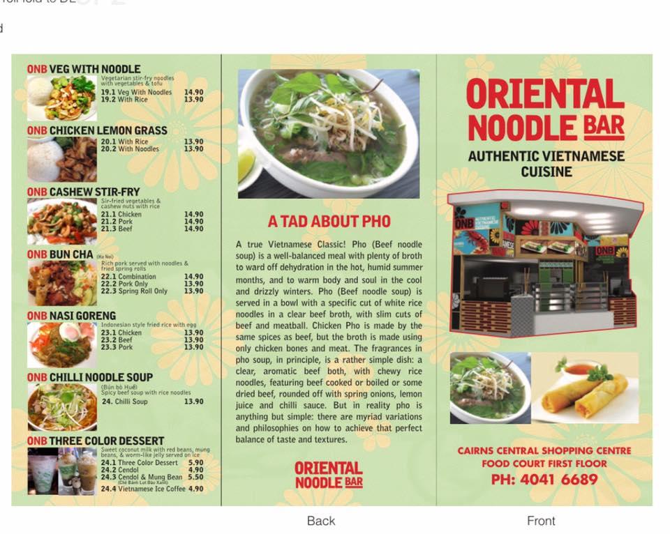 Menu at Oriental Noodle Bar, Cairns