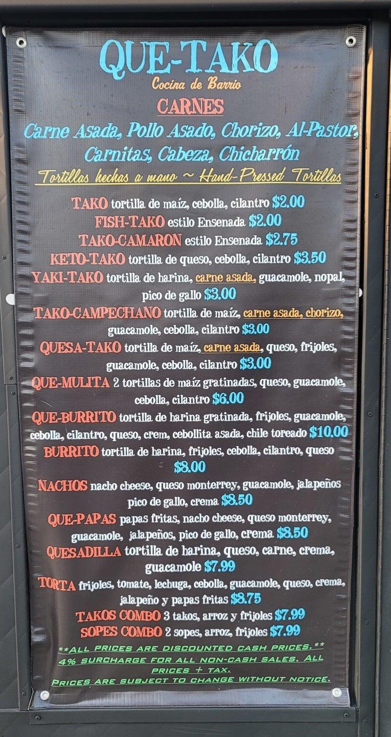 Menu at Que Tako restaurant, Whittier
