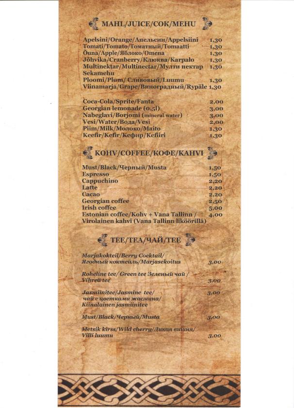 Menu at Tbilisi restaurant, Tallinn, Pikk 43