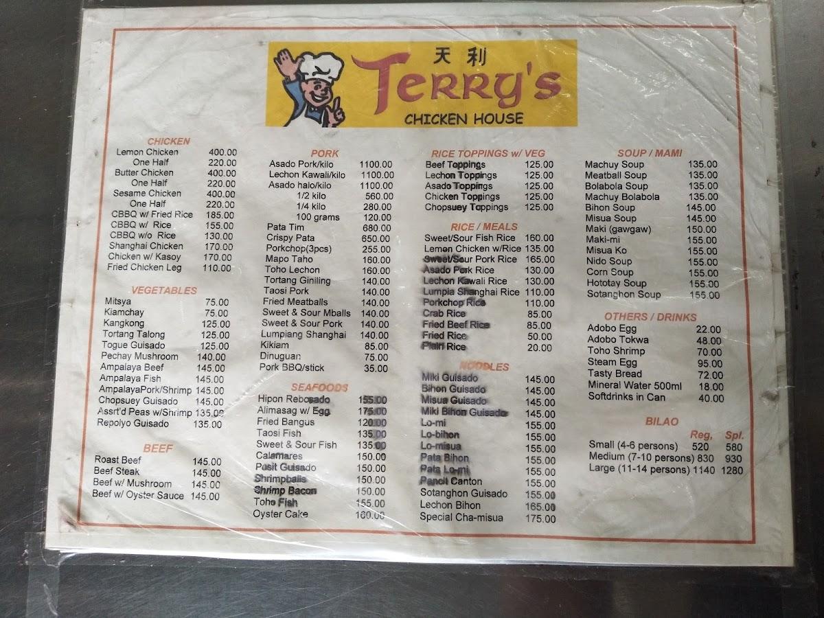 Menu at Terry's Chicken House restaurant, Manila, Bambang St