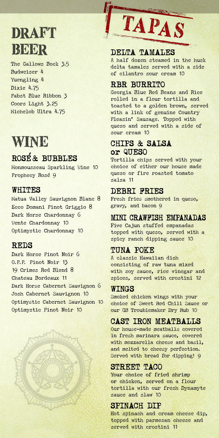 Menu at The Gallows Bar, Brandon