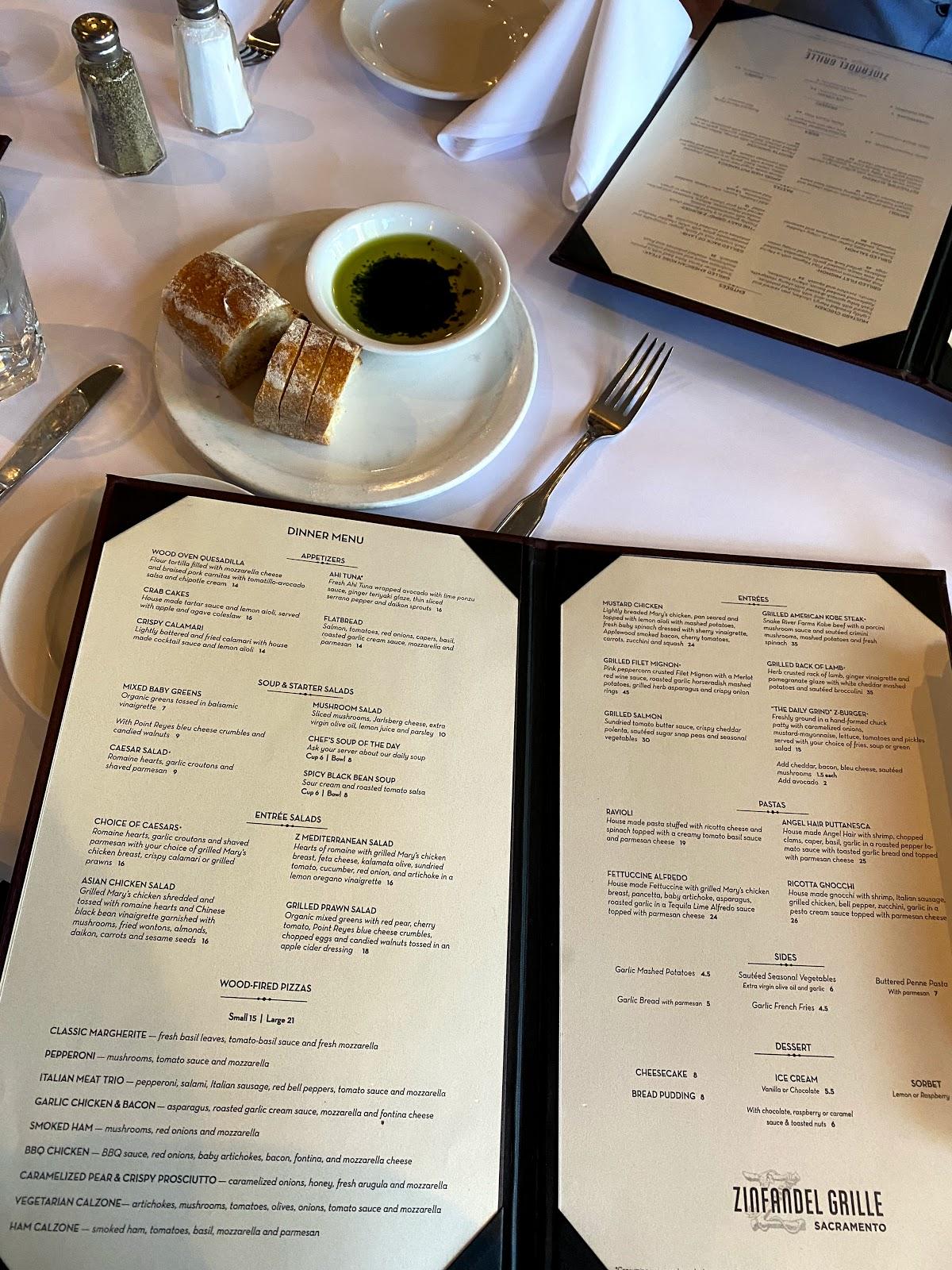 Menu at Zinfandel Grille restaurant, Sacramento, Fair Oaks Blvd