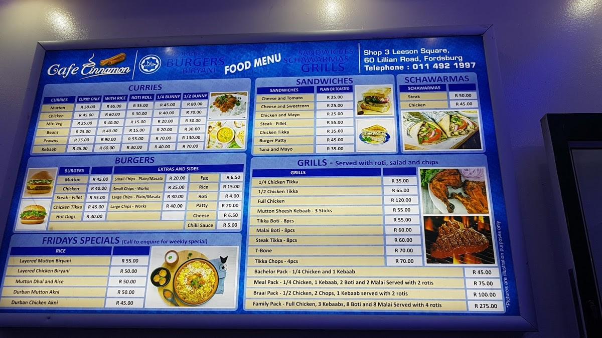 Menu at Cafe Cinnamon, Johannesburg