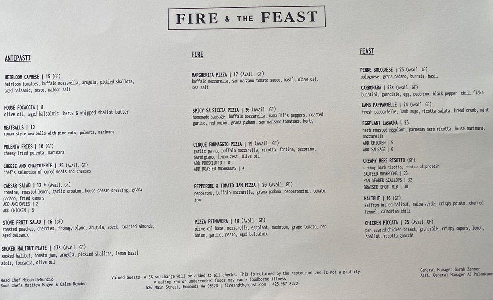 Menu at Fire & the Feast restaurant, Edmonds
