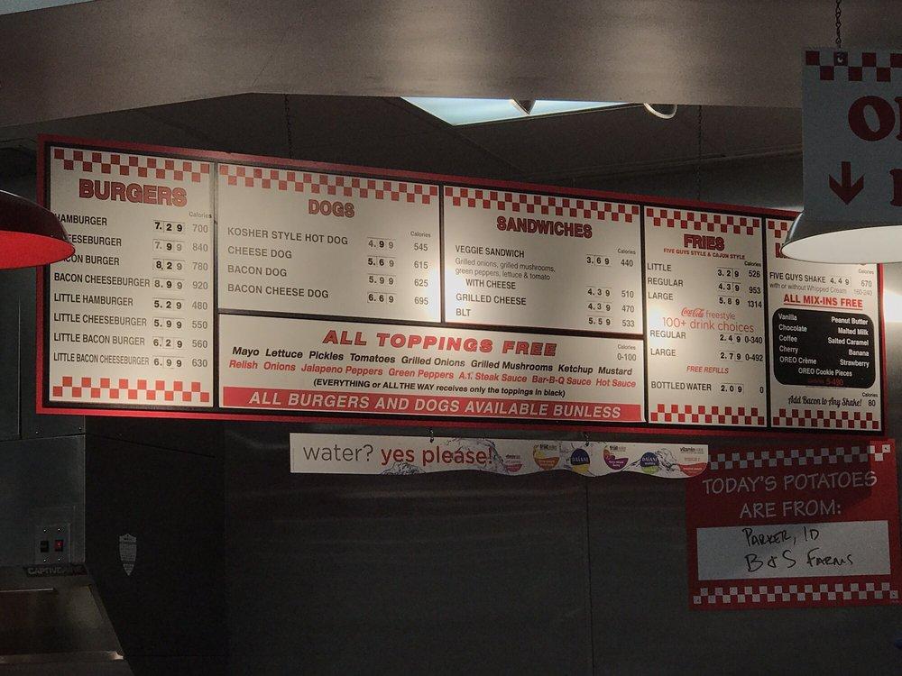 Menu at Five Guys fast food, Los Angeles, Tampa Ave