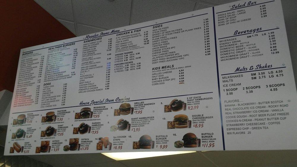 Menu at Jasper's Giant Burgers restaurant, Gold River