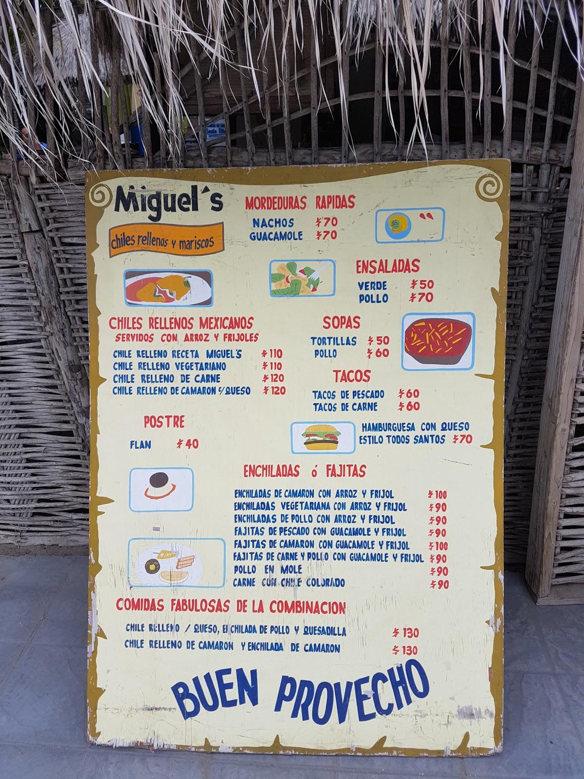 Menu at Miguel's Restaurant, Todos Santos