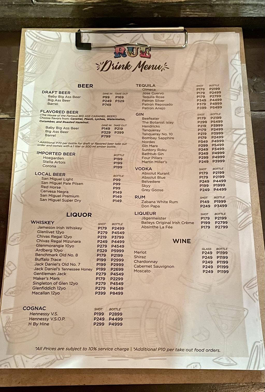 Menu at RUE Forbes town, BGC pub & bar, Taguig, Unit 153