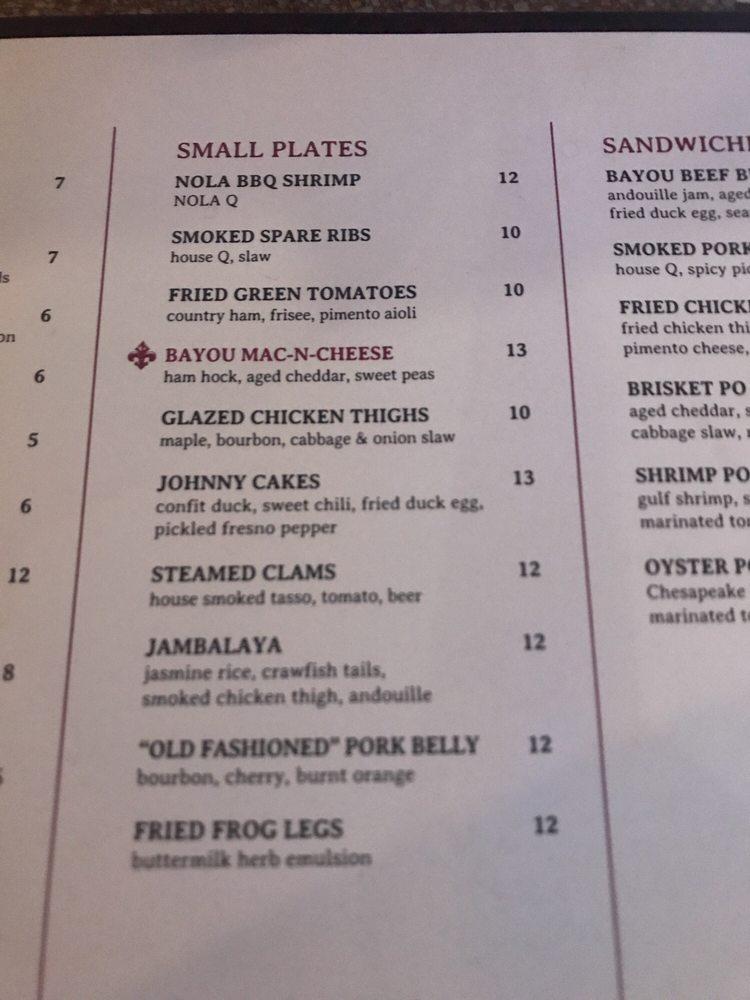 Menu at The Bayou restaurant, Bethlehem