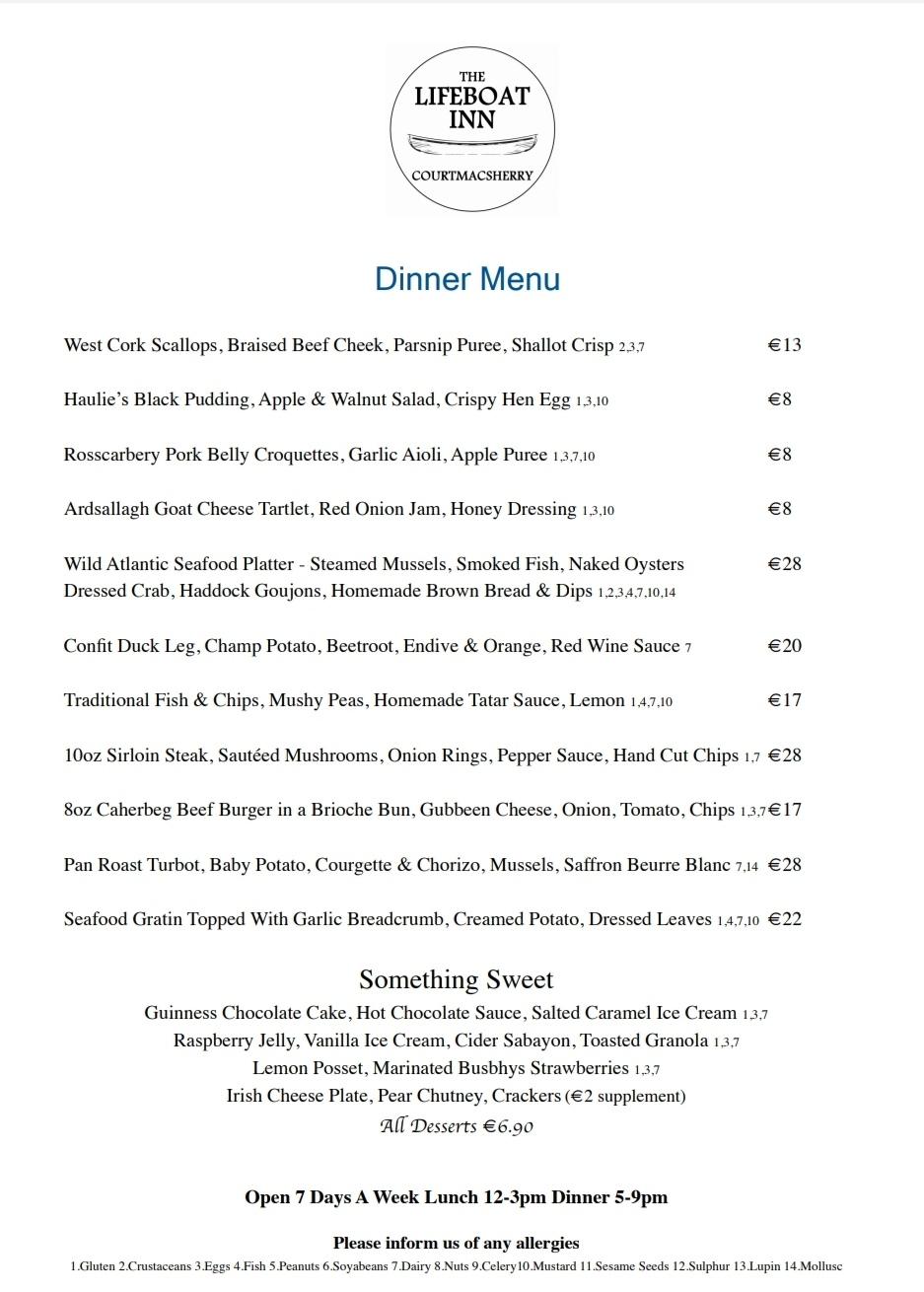 Menu at The Lifeboat Inn restaurant, Courtmacsherry
