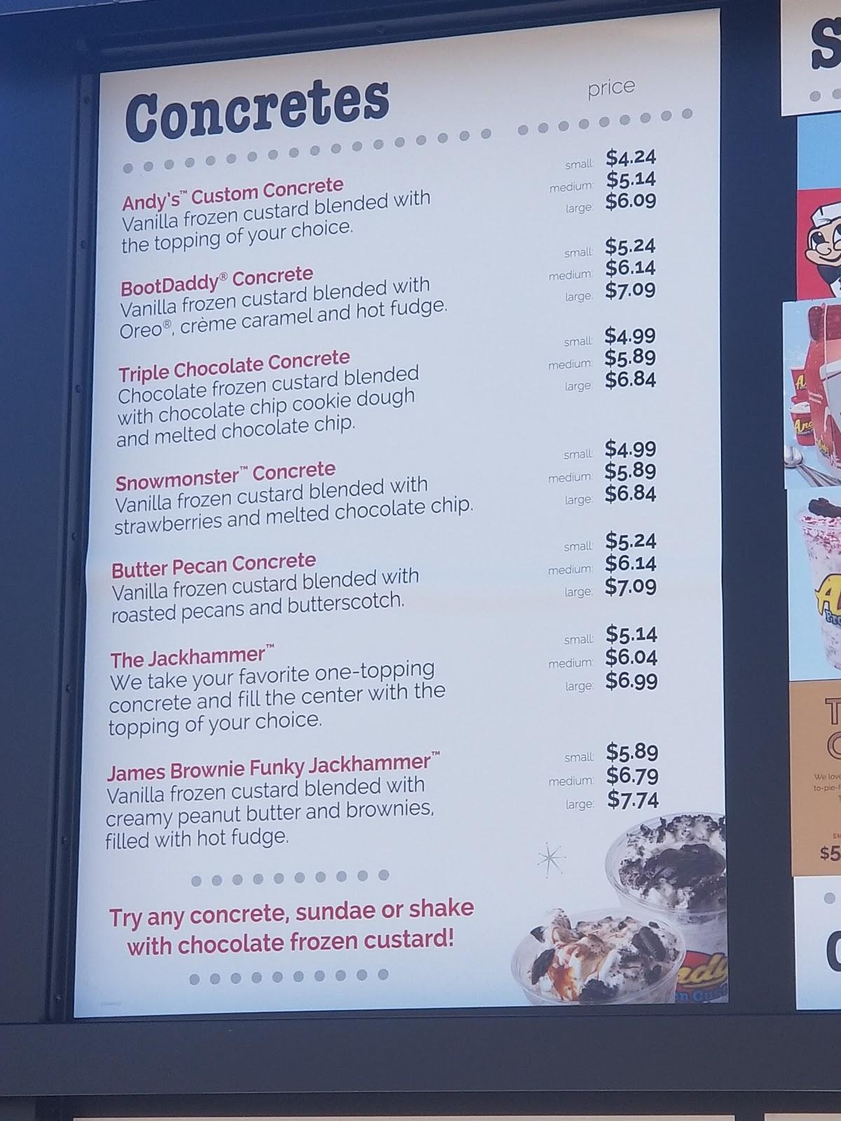 Menu at Andy's Frozen Custard desserts, North Little Rock