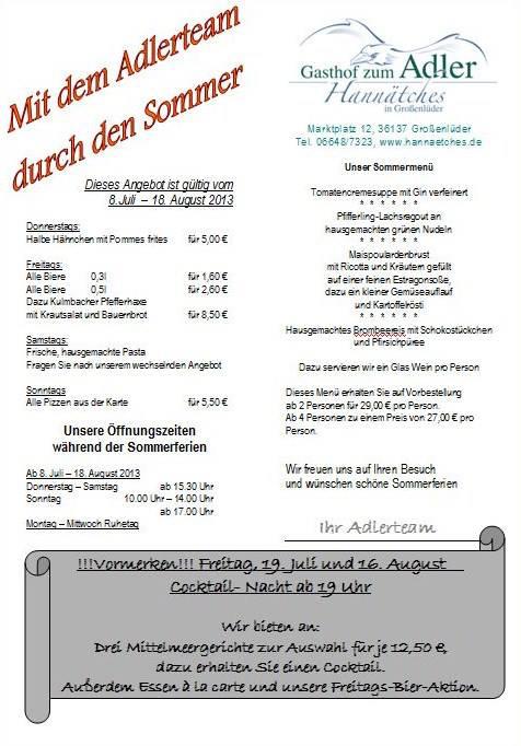Menu at Zum Adler restaurant, Großenlüder