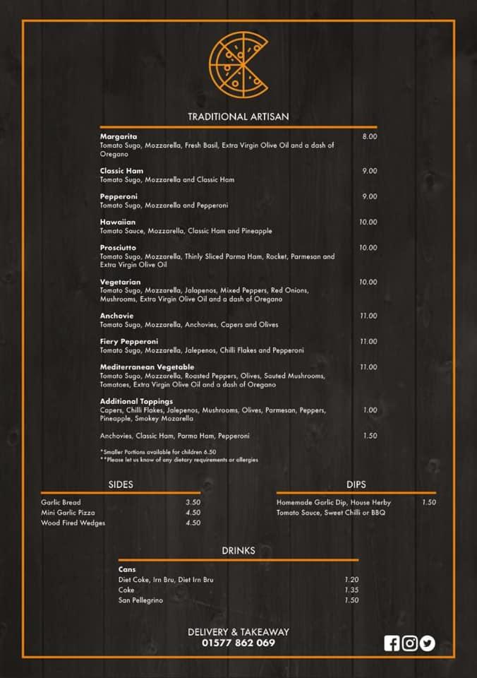 Menu at La Casanova pizzeria, Kinross