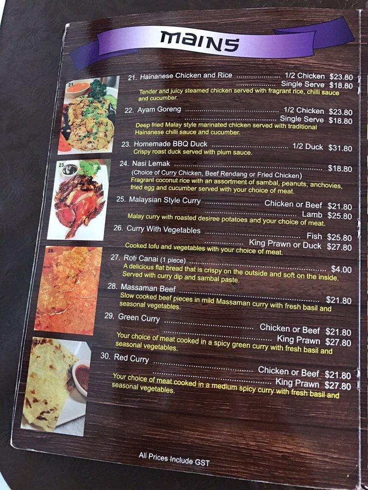 Menu at Malaysia House restaurant, Rockhampton City