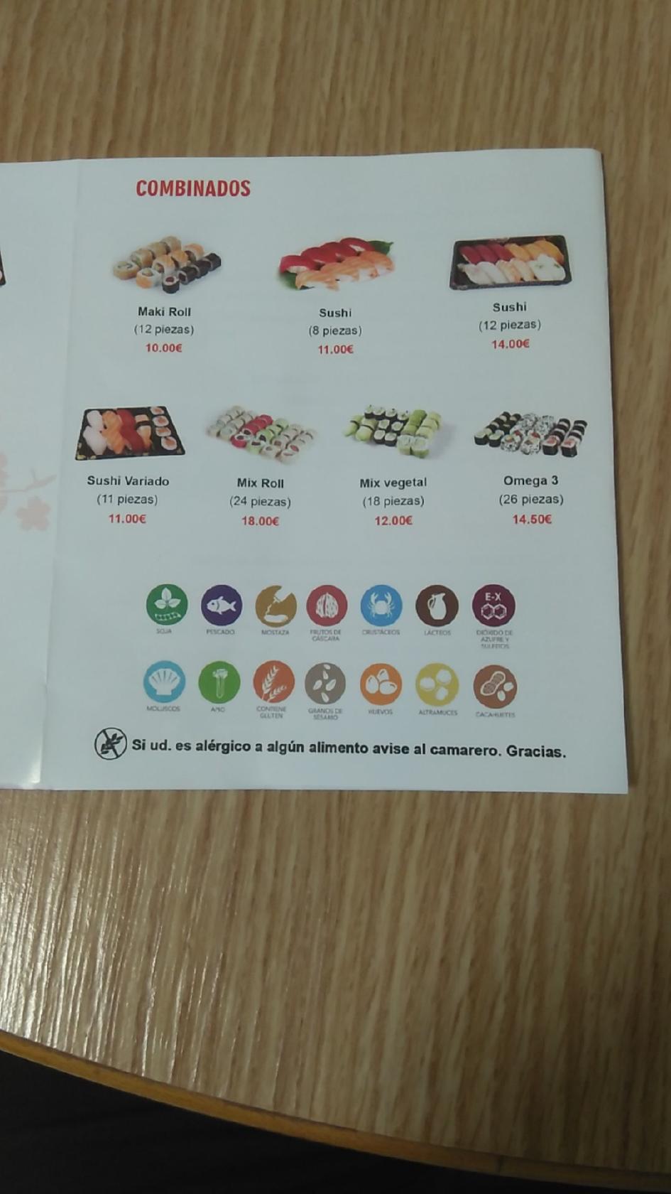 Menu at Yi sushi restaurant, Murcia