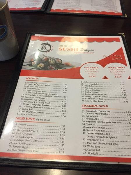Menu at Sushi Dragon restaurant, Vancouver